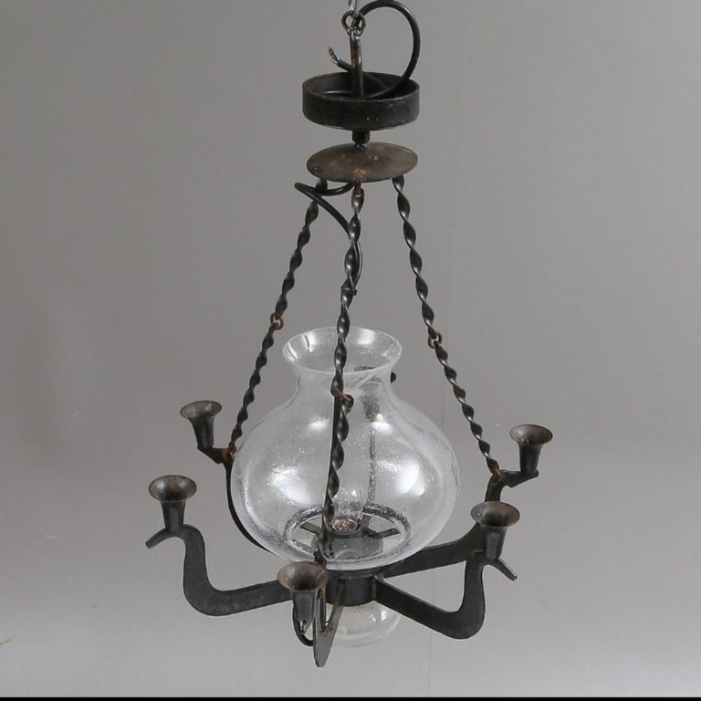 Mid Century Swedish Ceiling Lamp in Iron and Glass For Sale at 1stDibs