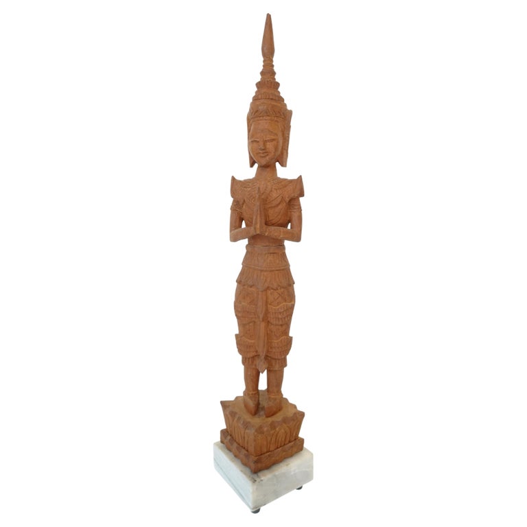 Mid Century Teak Carved and Marble Thai Buddha at 1stDibs