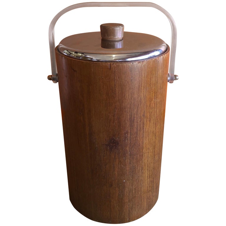 Midcentury Teak Ice Bucket with Thermos Glass Liner For Sale at 1stDibs