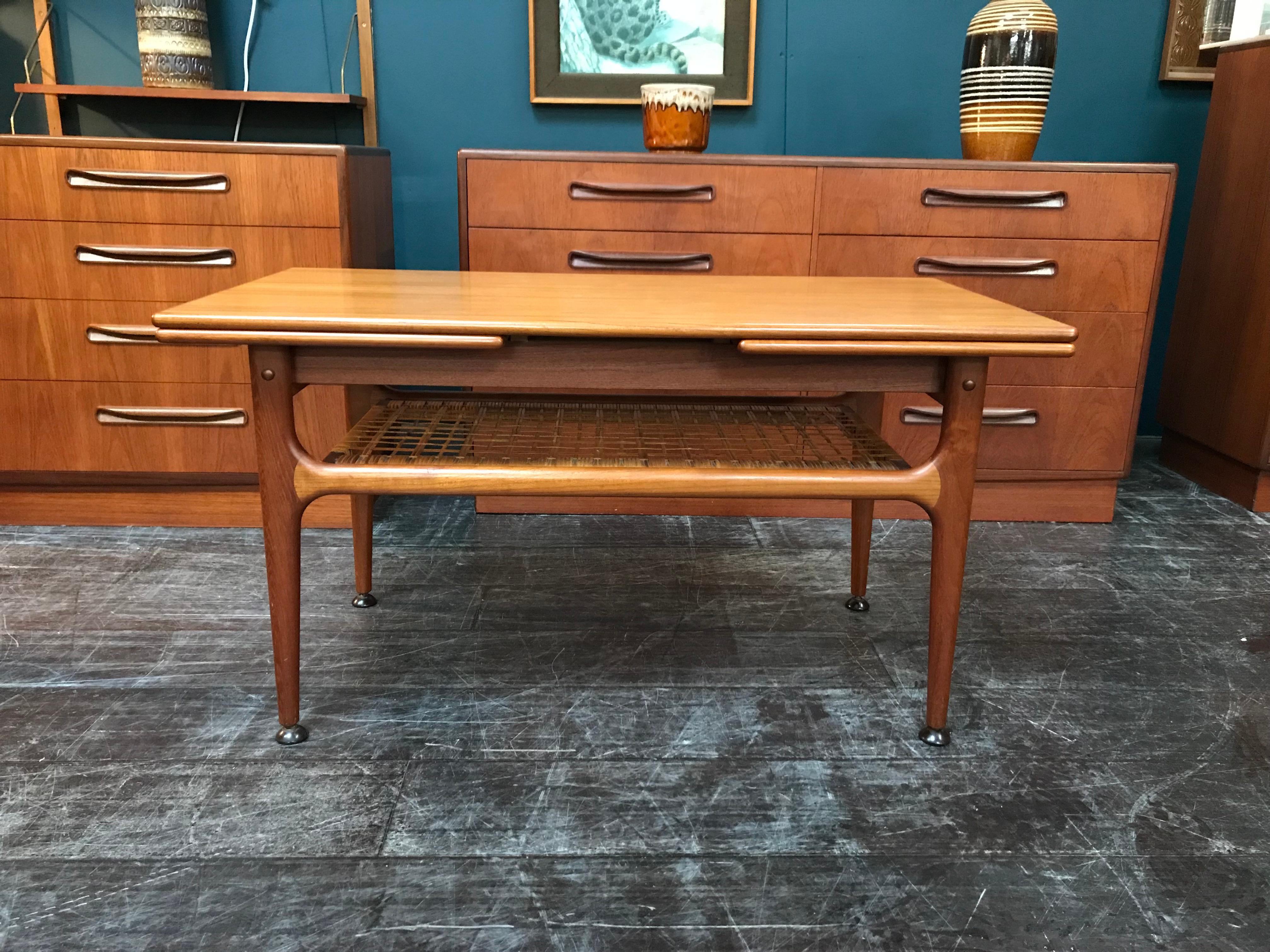 Midcentury Teak Metamorphic Coffee Table with Rattan Magazine Shelf by ...