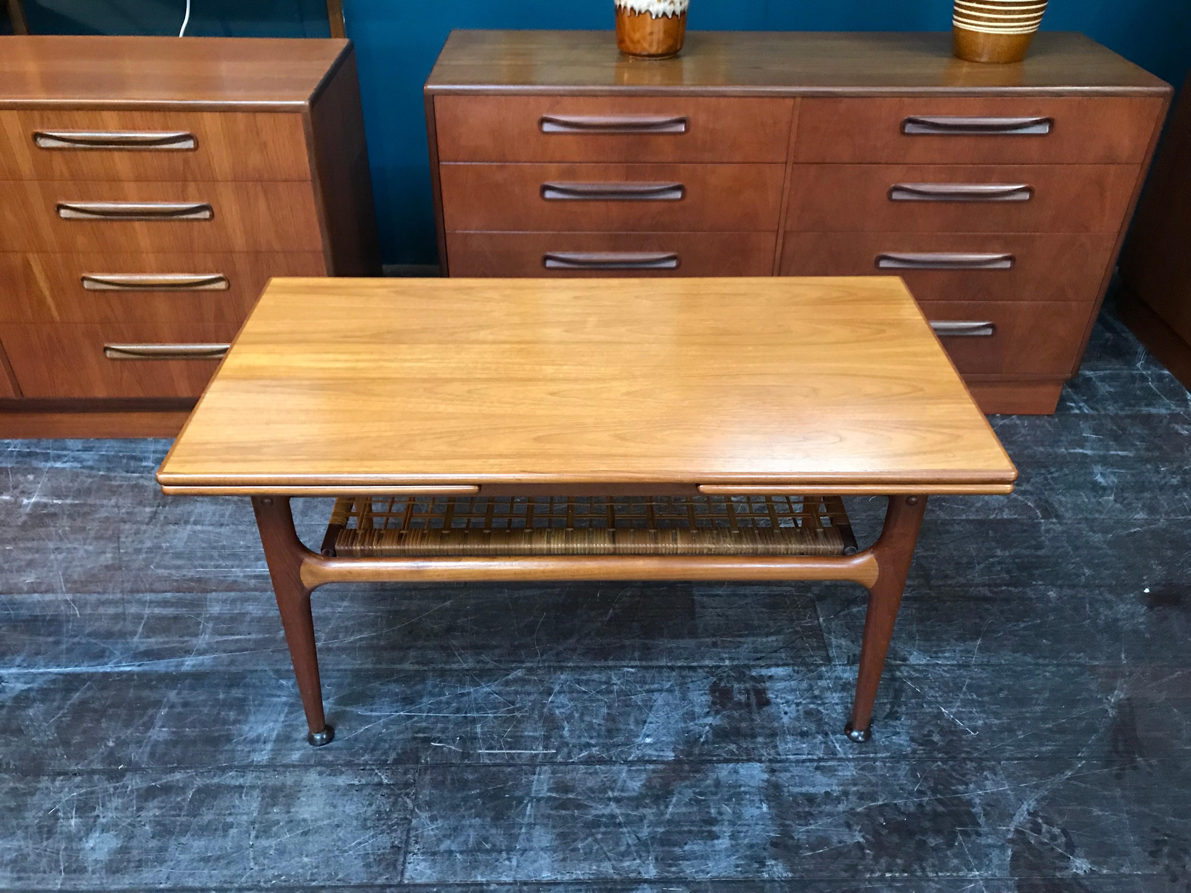 Midcentury Teak Metamorphic Coffee Table with Rattan Magazine Shelf by ...