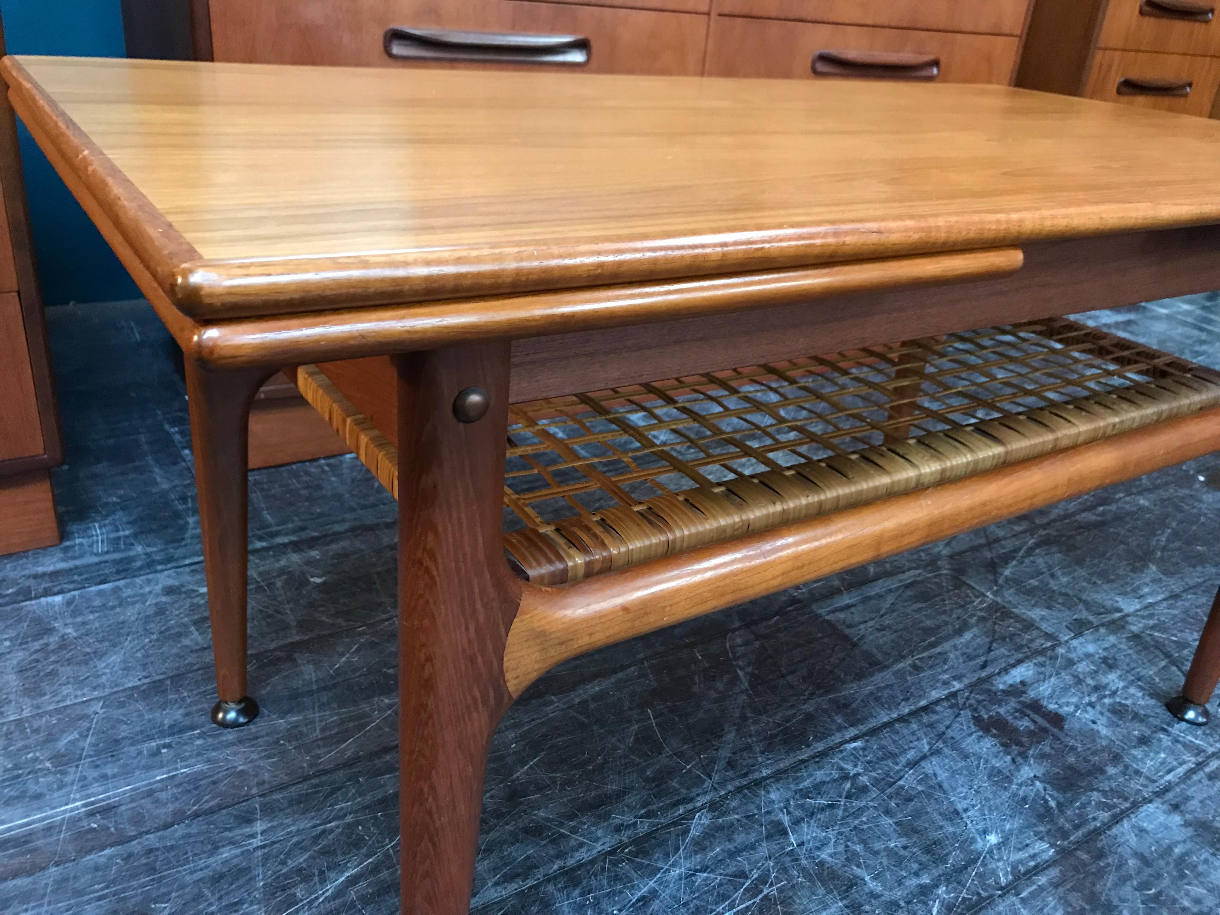 Midcentury Teak Metamorphic Coffee Table with Rattan Magazine Shelf by ...