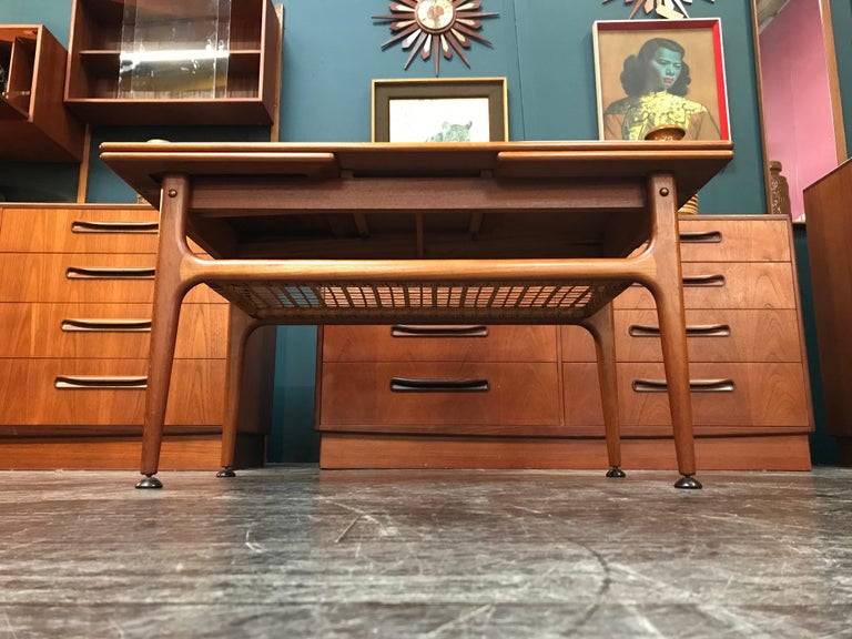 Midcentury Teak Metamorphic Coffee Table with Rattan Magazine Shelf by ...