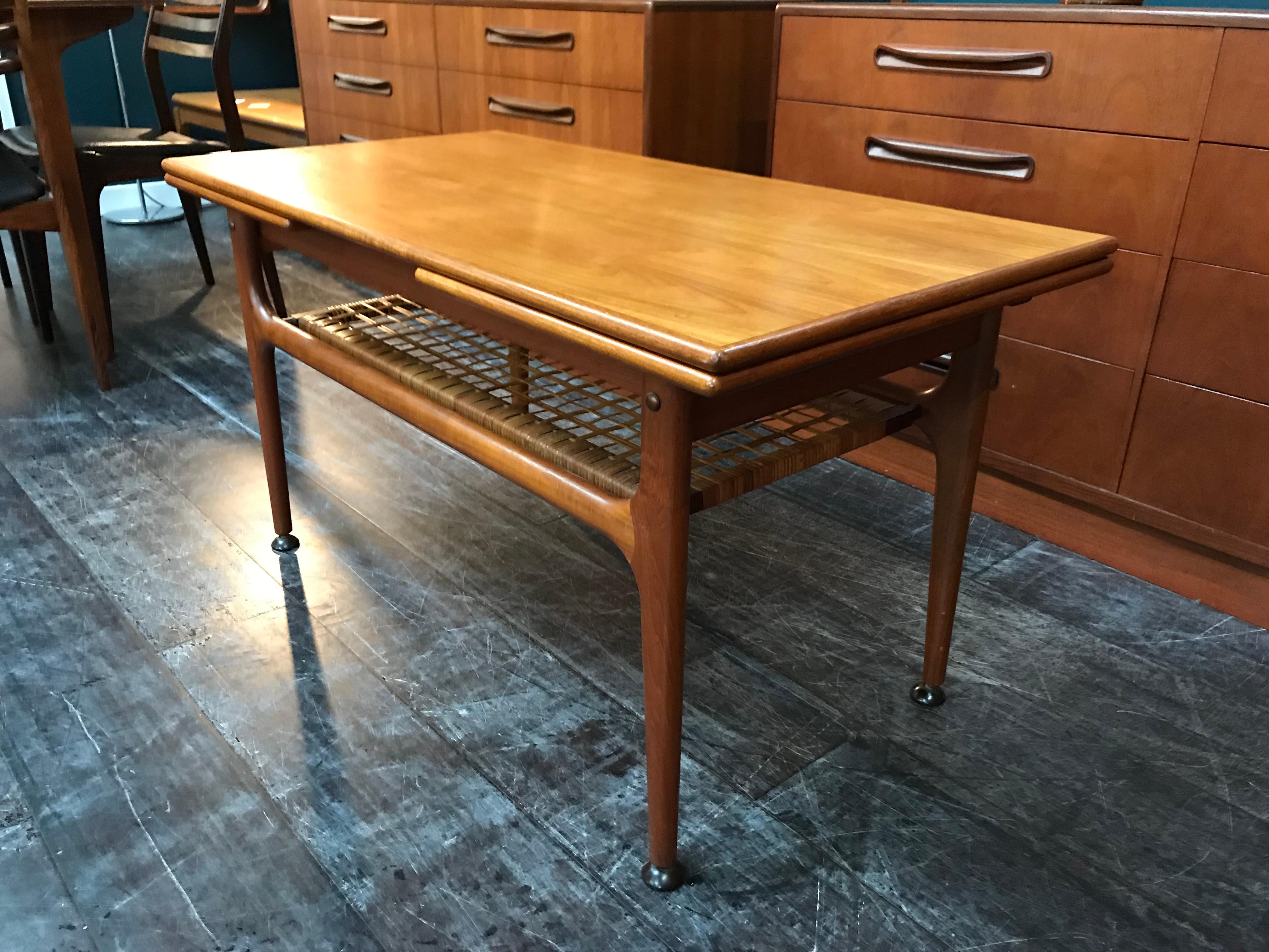 Midcentury Teak Metamorphic Coffee Table with Rattan Magazine Shelf by ...