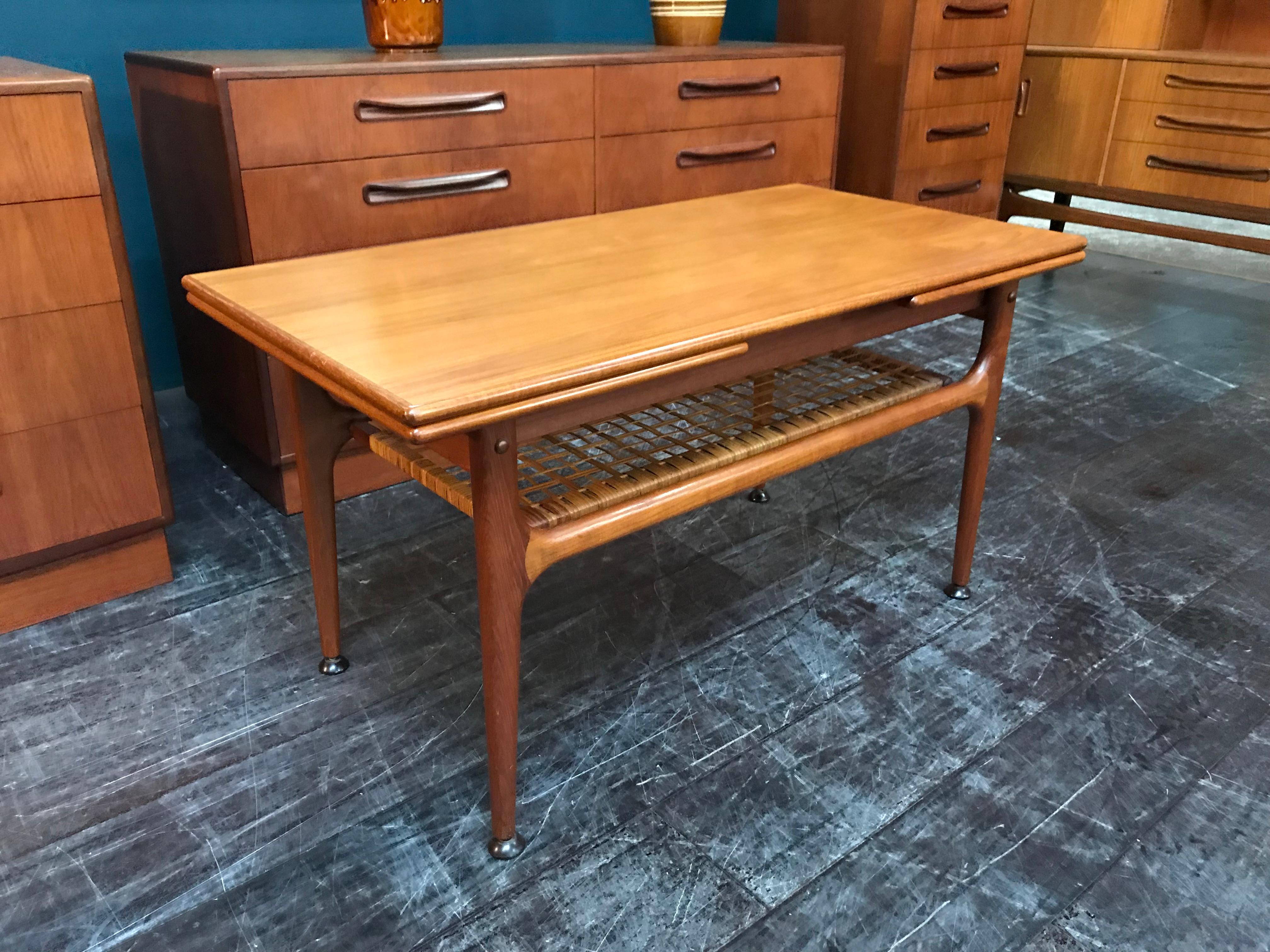 Midcentury Teak Metamorphic Coffee Table with Rattan Magazine Shelf by ...