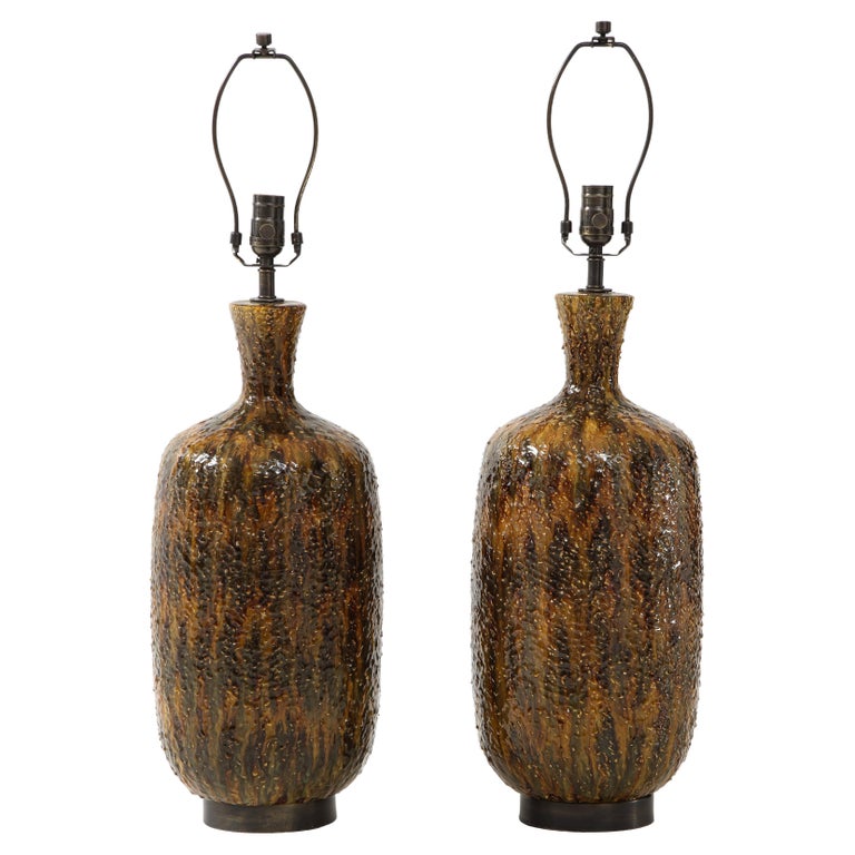Mid Century, Textured Earthtone Glazed Lamps For Sale at 1stDibs