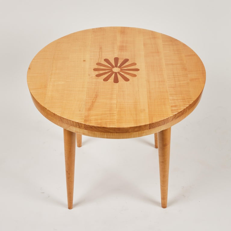Midcentury Tiger Maple Round Side Table For Sale at 1stDibs