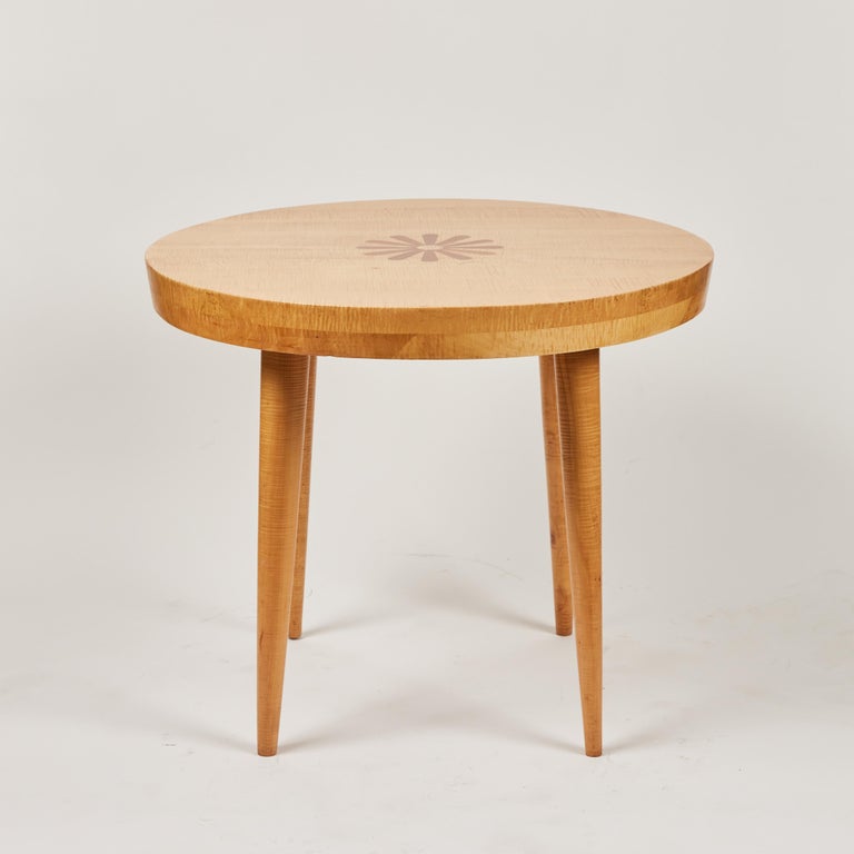 Midcentury Tiger Maple Round Side Table For Sale at 1stDibs