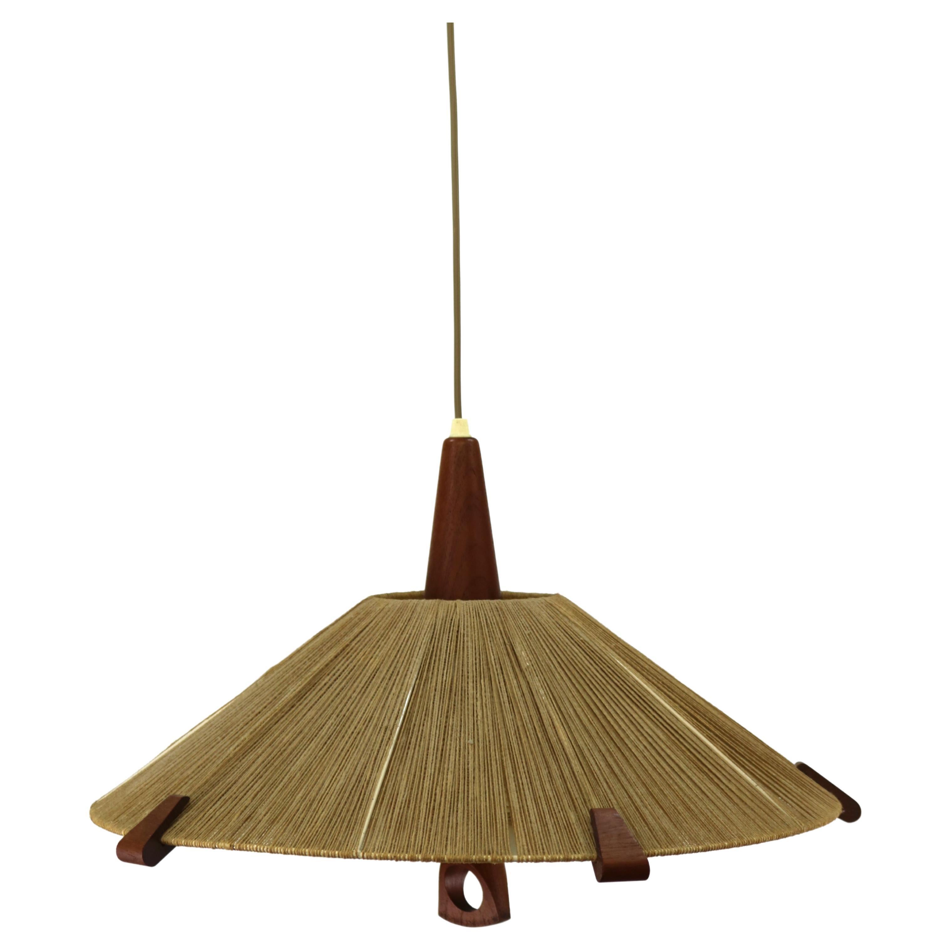 Midcentury Teak and Cord Shade Hanging Lamp by Temde, circa 1960 For ...
