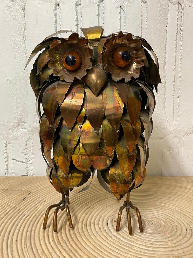 Midcentury Torch Cut Owl Sculpture in the Style of Curtis Jere at 1stDibs