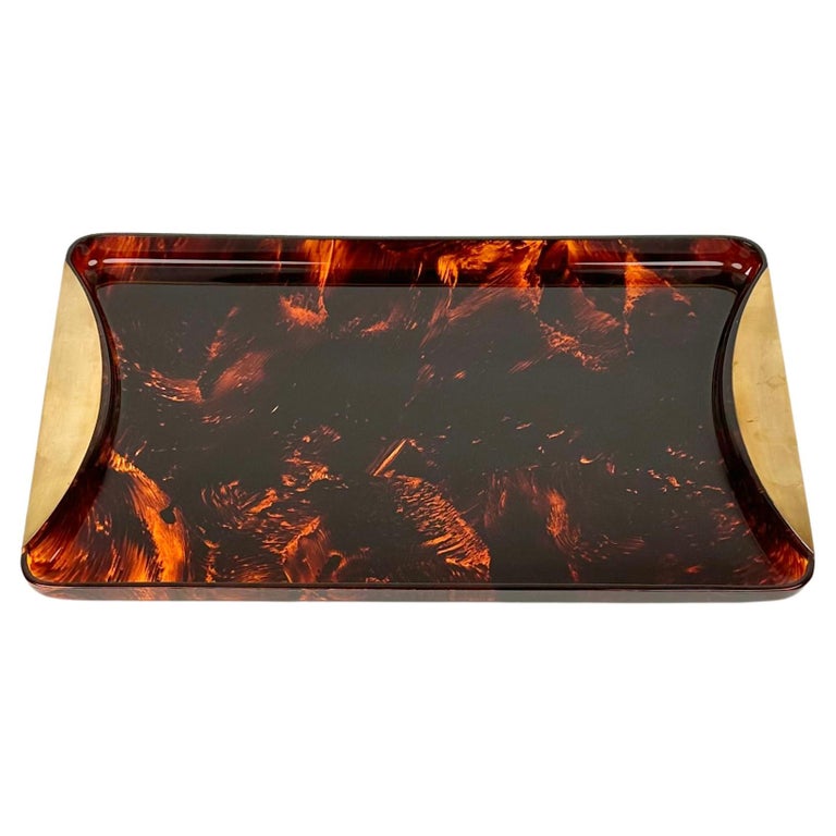 Mid-Century Tortoiseshell Lucite and Brass Serving Tray by Guzzini ...