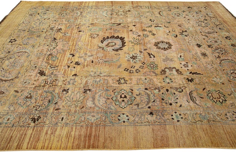 Mid-Century Transitional Style Handmade Allover Floral Tan Wool Rug by ...