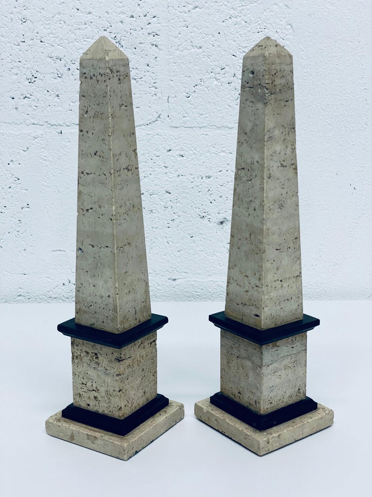 Mid-Century Travertine and Black Stone Obelisks, a Pair For Sale at 1stDibs