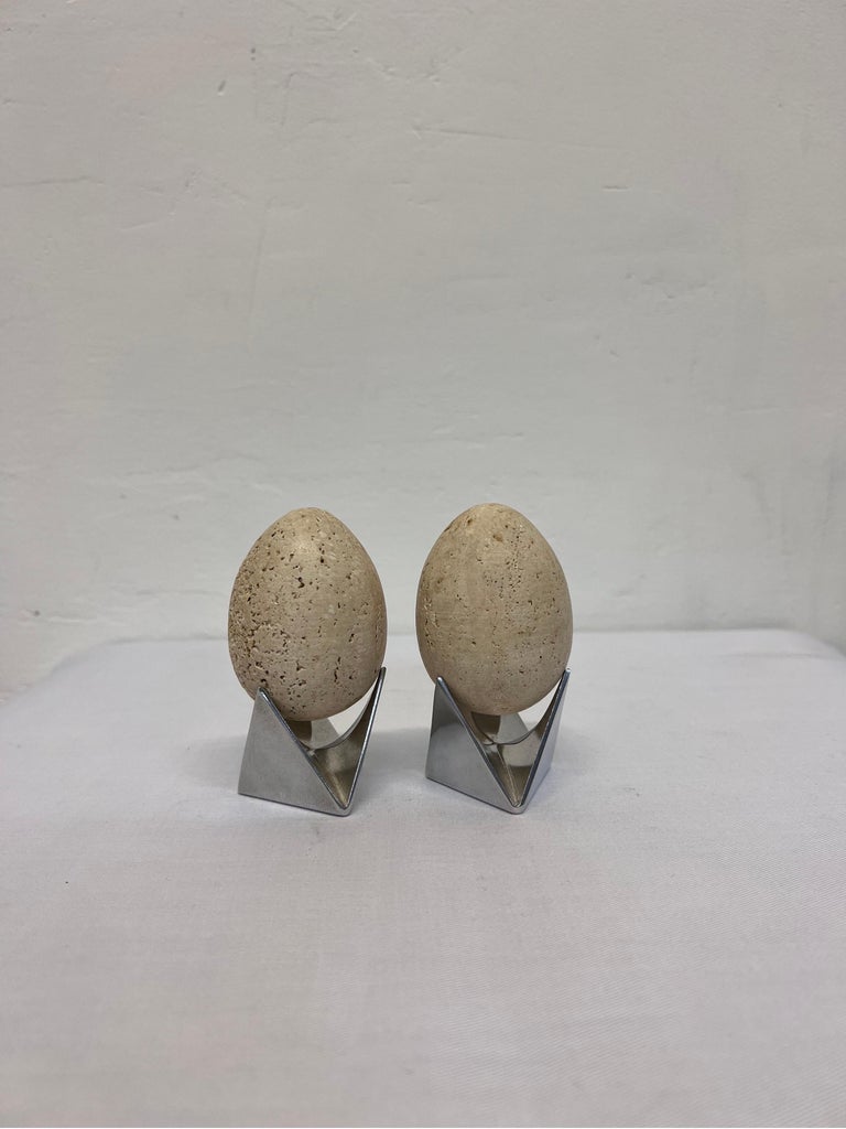 Mid-Century Travertine Egg Sculptures Atop Alessi Roost Egg Cups, a ...
