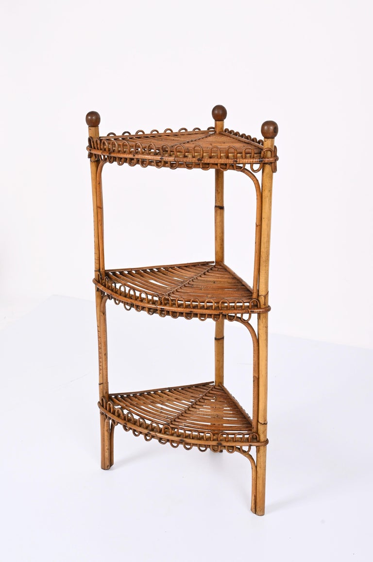 Mid-Century Triangular Bamboo and Rattan Italian Corner Shelves, 1970s ...