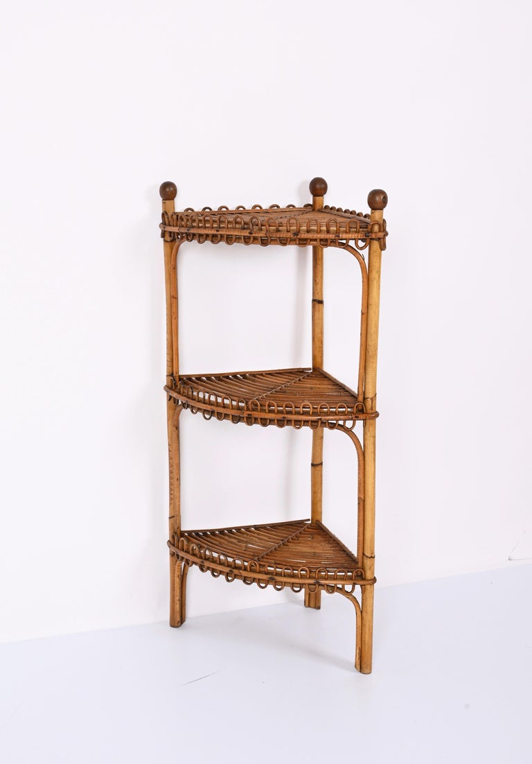 Mid-Century Triangular Bamboo and Rattan Italian Corner Shelves, 1970s ...