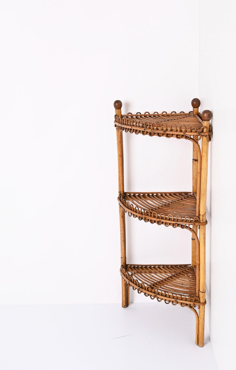 Mid-Century Triangular Bamboo and Rattan Italian Corner Shelves, 1970s ...