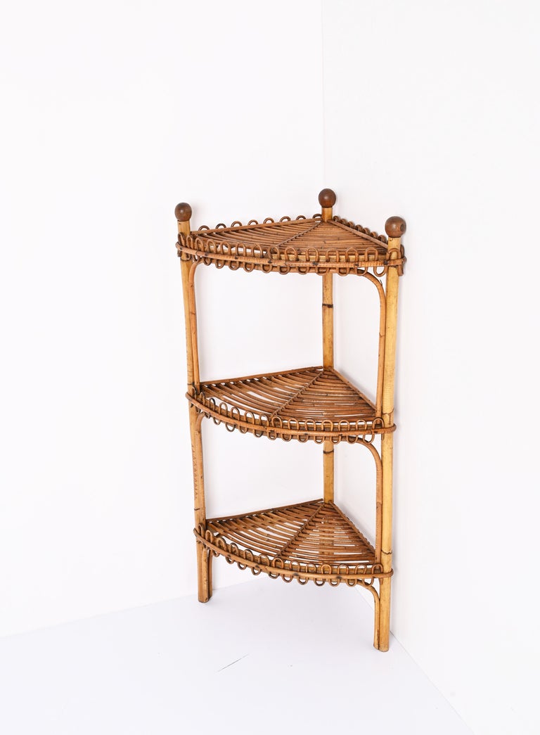 Mid-Century Triangular Bamboo and Rattan Italian Corner Shelves, 1970s ...