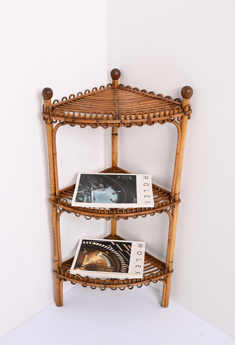 Mid-Century Triangular Bamboo and Rattan Italian Corner Shelves, 1970s ...
