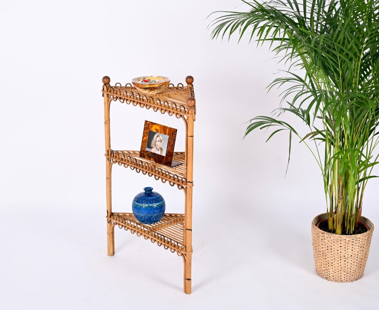 Midcentury Triangular Bamboo and Rattan Italian Corner Shelves, 1970s ...