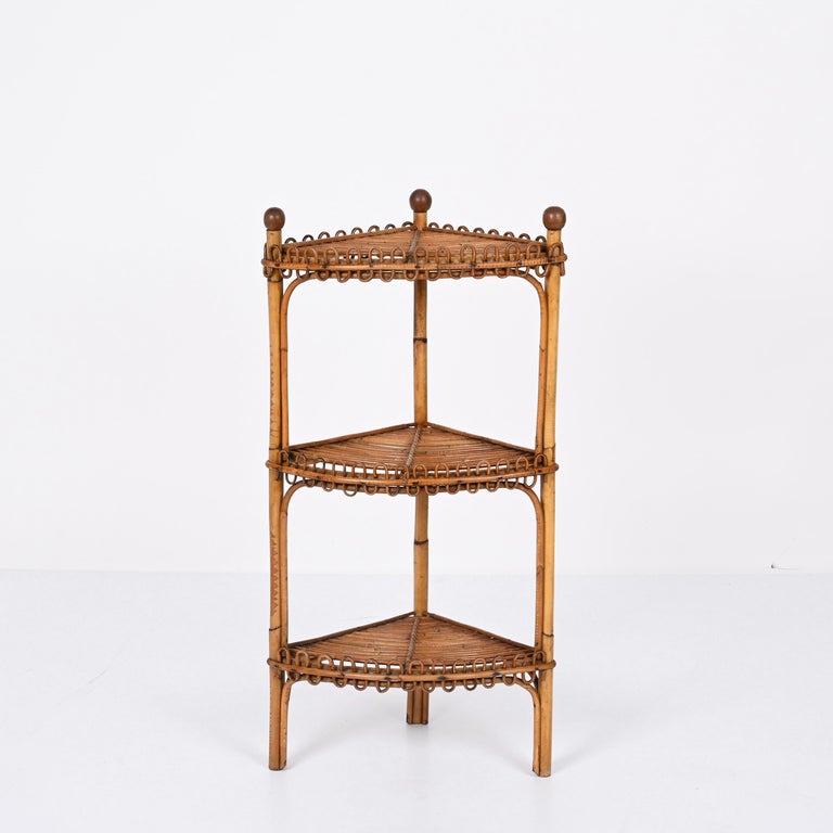 Mid-Century Triangular Bamboo and Rattan Italian Corner Shelves, 1970s ...