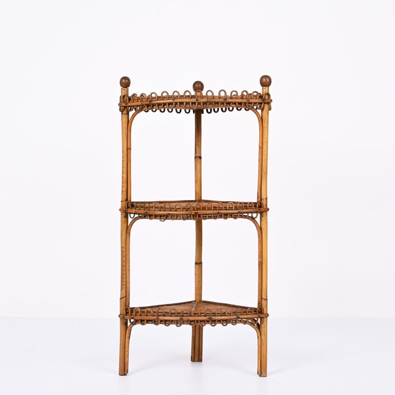 Mid-Century Triangular Bamboo and Rattan Italian Corner Shelves, 1970s ...