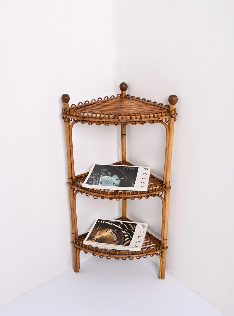 Mid-Century Triangular Bamboo and Rattan Italian Corner Shelves, 1970s ...