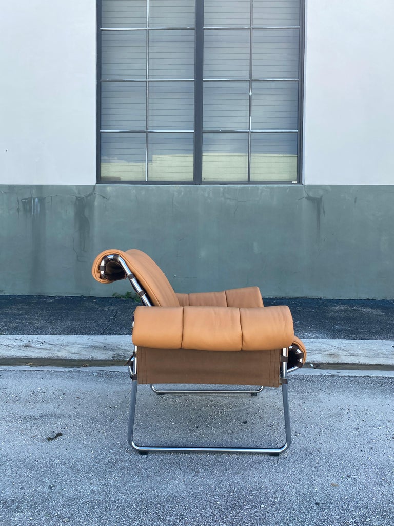 Mid Century Tubular Chrome and Leather Lounge Chair For Sale at 1stDibs