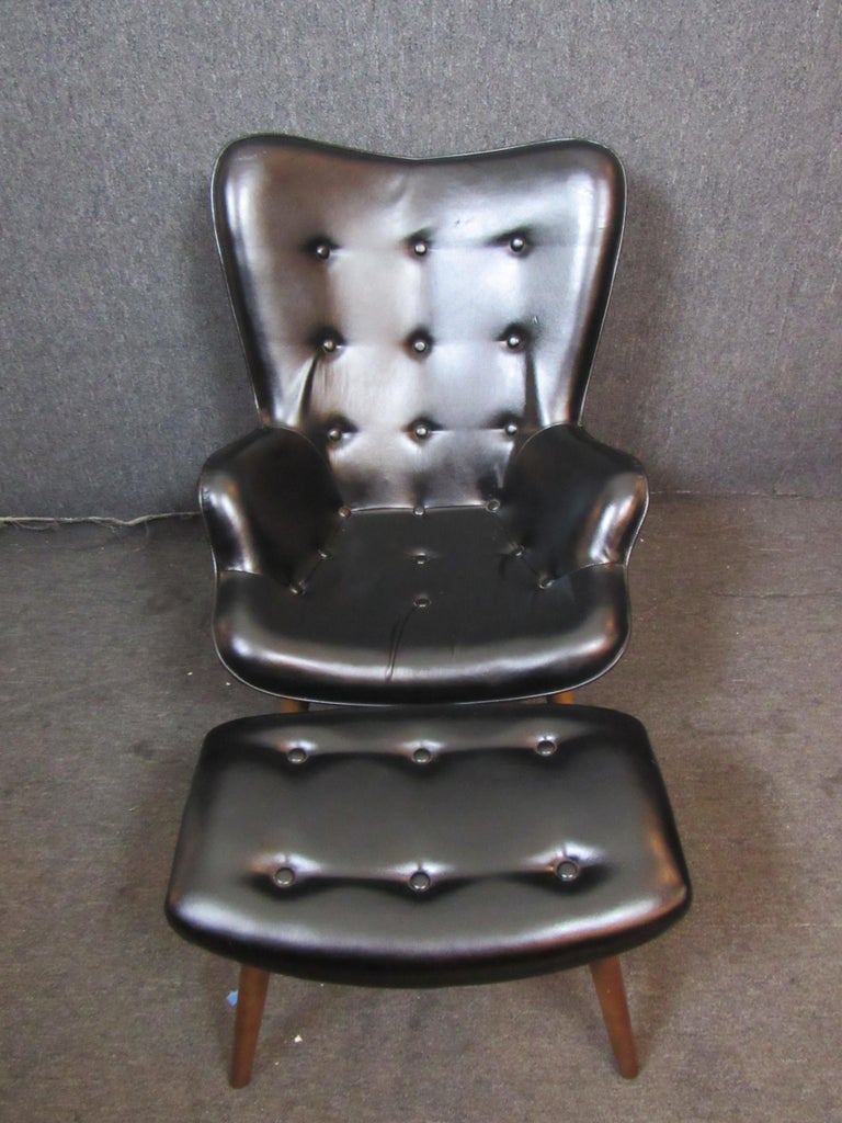 Midcentury Tufted Wingback "Clam" Chair and Ottoman For Sale at 1stDibs