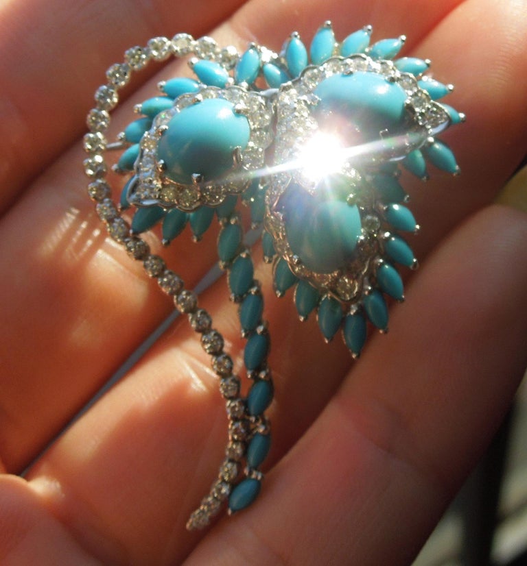 Mid-Century Turquoise and Diamond Floral Spray Brooch For Sale at 1stDibs