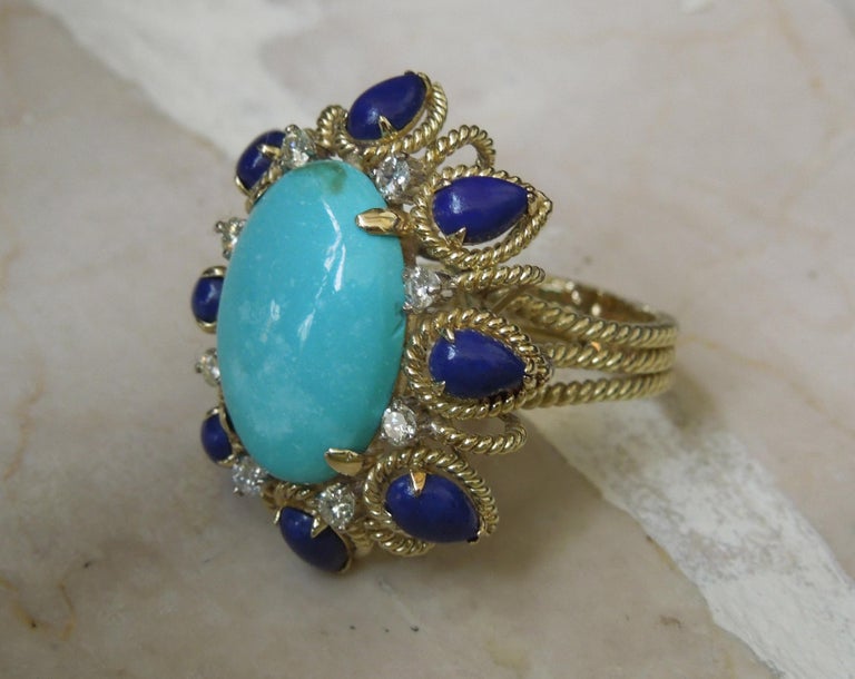 Midcentury Turquoise, Lapis Lazuli and Diamond Ring For Sale at 1stDibs