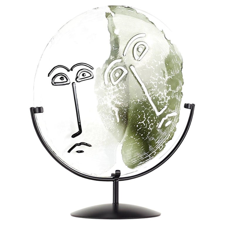 Mid Century Two Face Glass Disc Artwork on Stand For Sale at 1stDibs