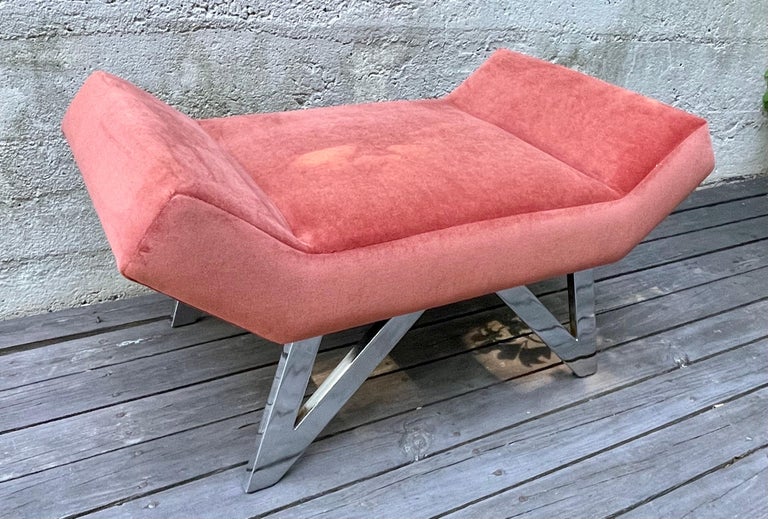 Mid Century Velvet Upholstered Small Bench with Chrome Base, Salmon ...