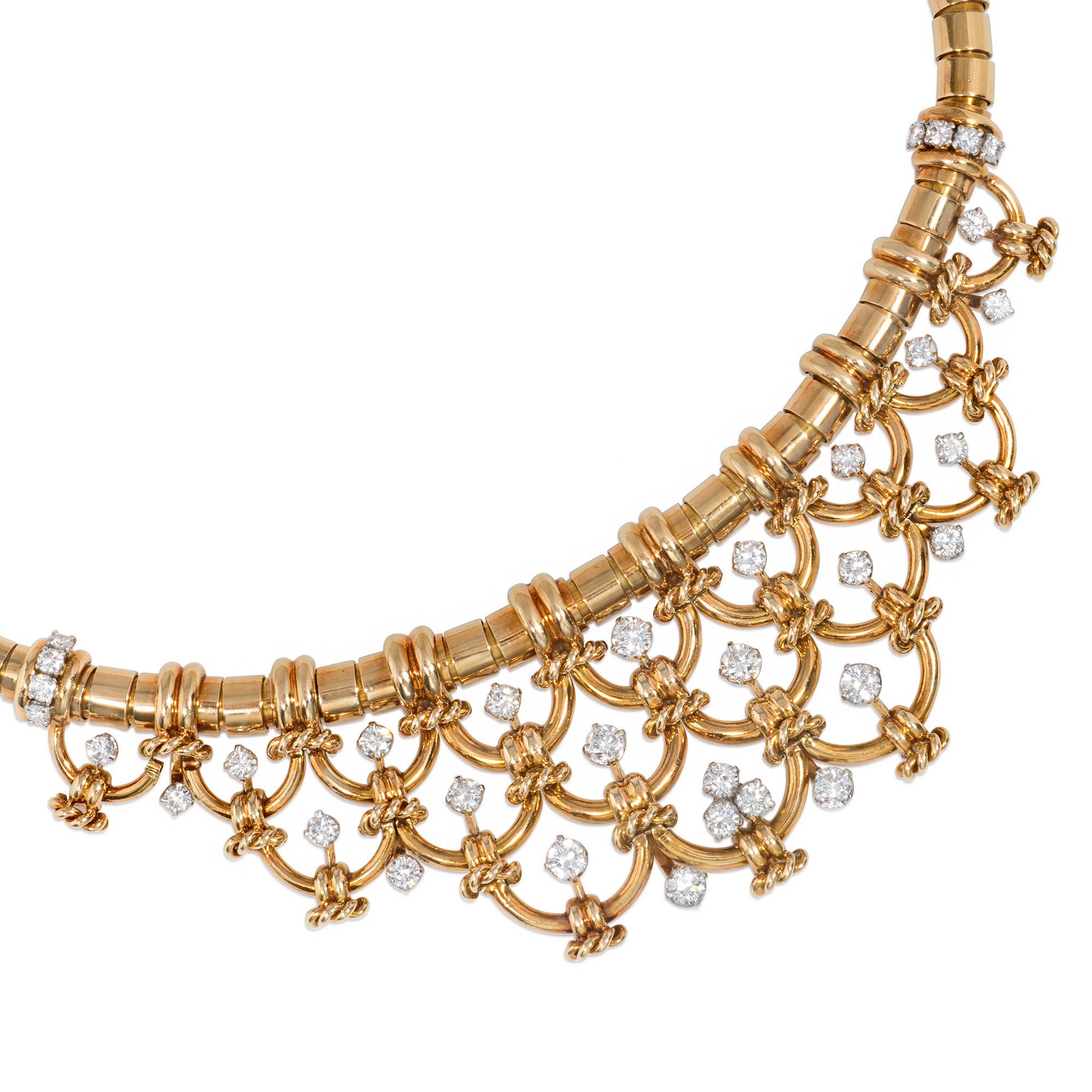 Mid-Century Verger Frères, France Gold and Diamond Bib Design Necklace ...