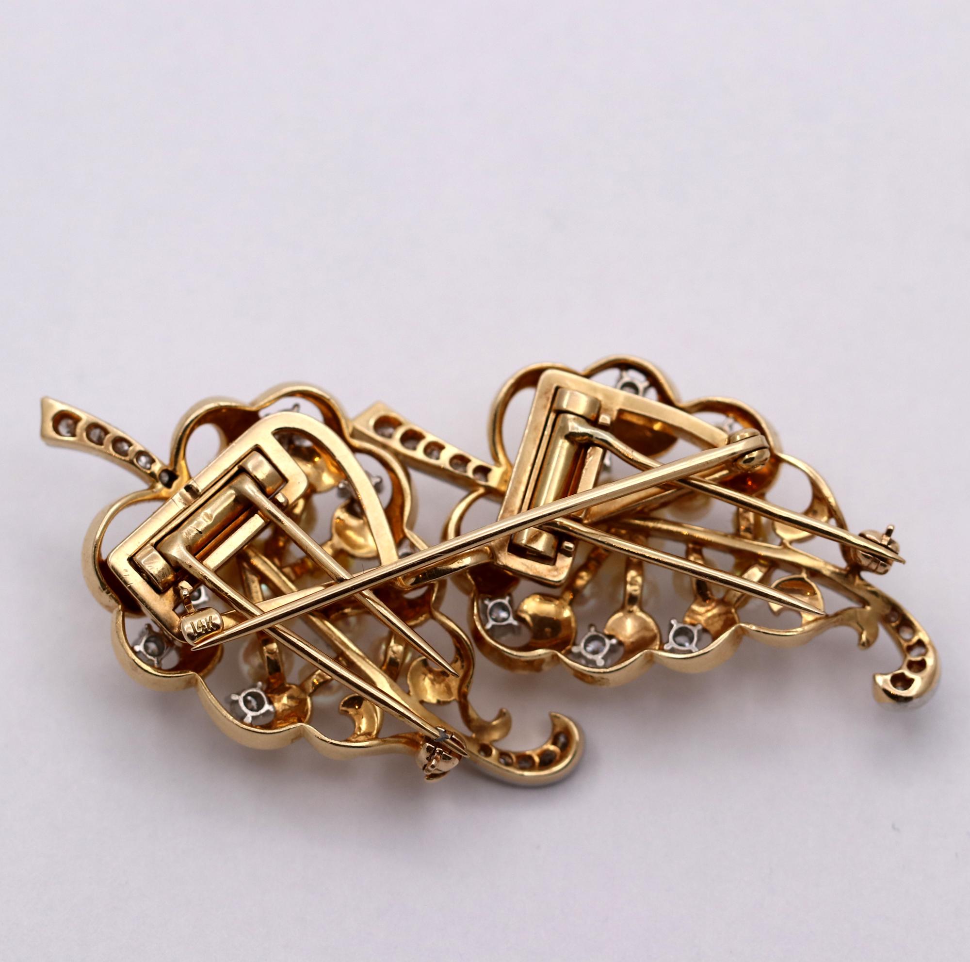 Midcentury Victorian Inspired Gold Double Clips with Diamonds and ...