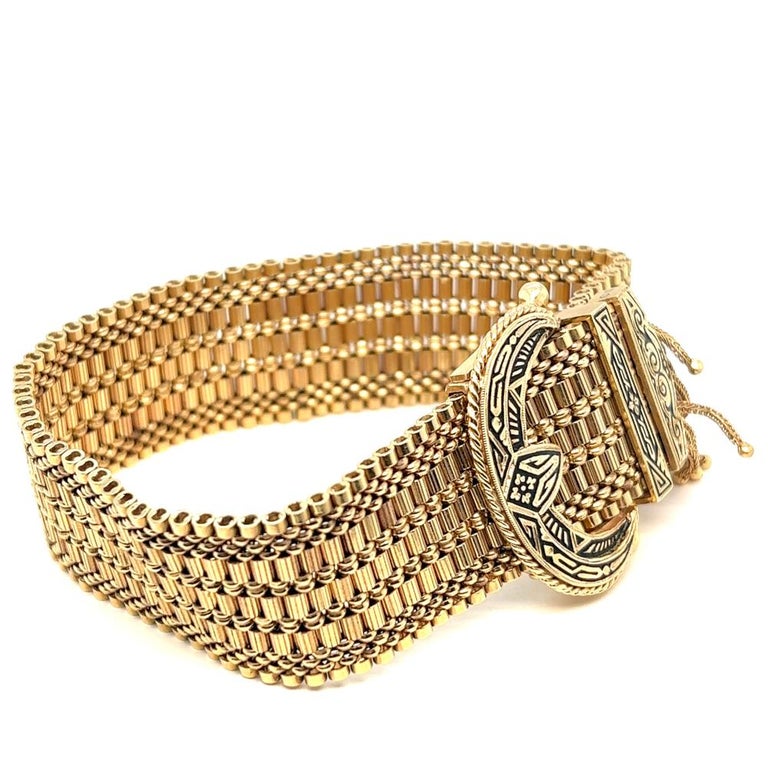 Mid Century Victorian Revival 14 Karat Yellow Gold Enamel Belt Bracelet ...