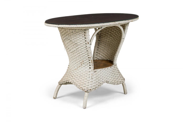 Mid-Century Victorian-Style White Painted Wicker Wood and Glass Console ...