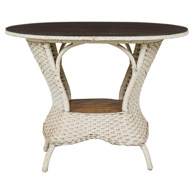 Mid-Century Victorian-Style White Painted Wicker Wood and Glass Console ...