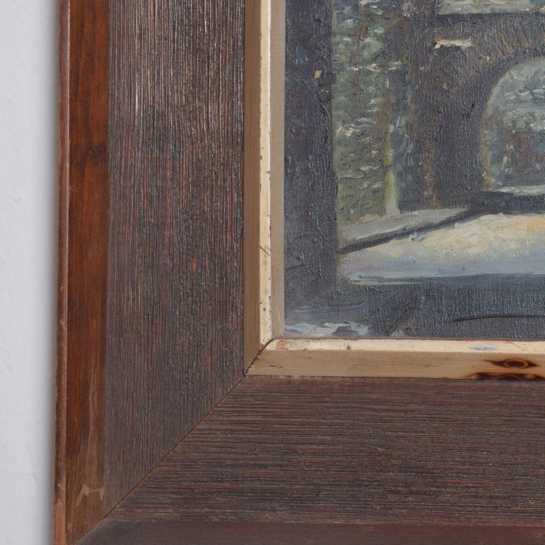 Vintage Architectural Art Oil Painting Canvas Stone Arch Bridge 1970s ...