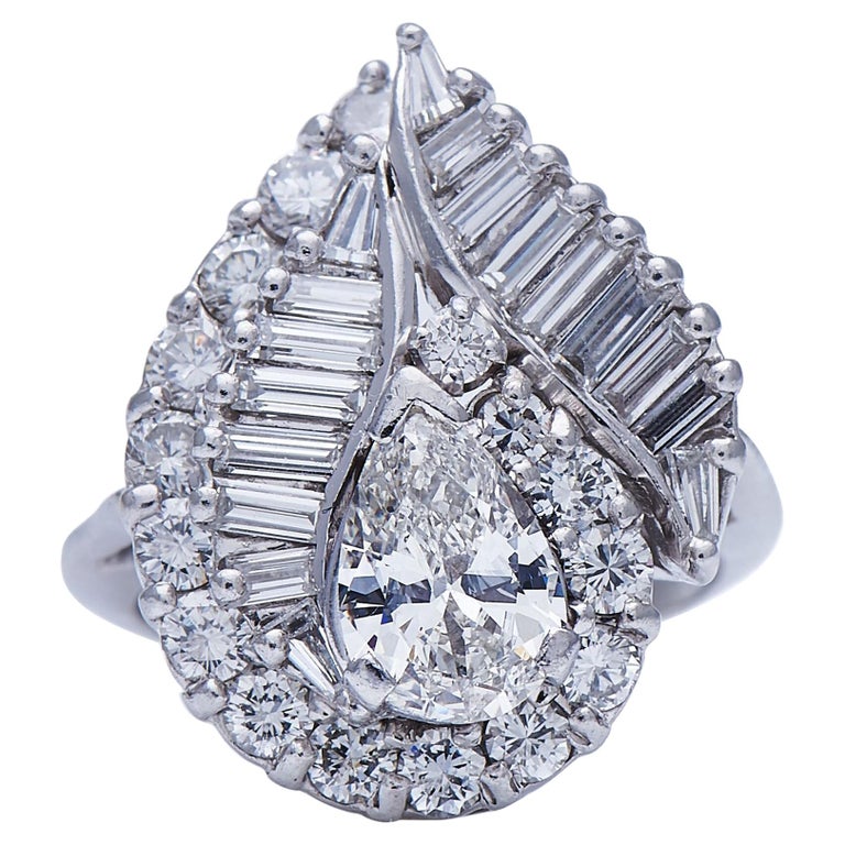 Midcentury, Vintage, Platinum, White Gold, Large Diamond Cluster Ring ...