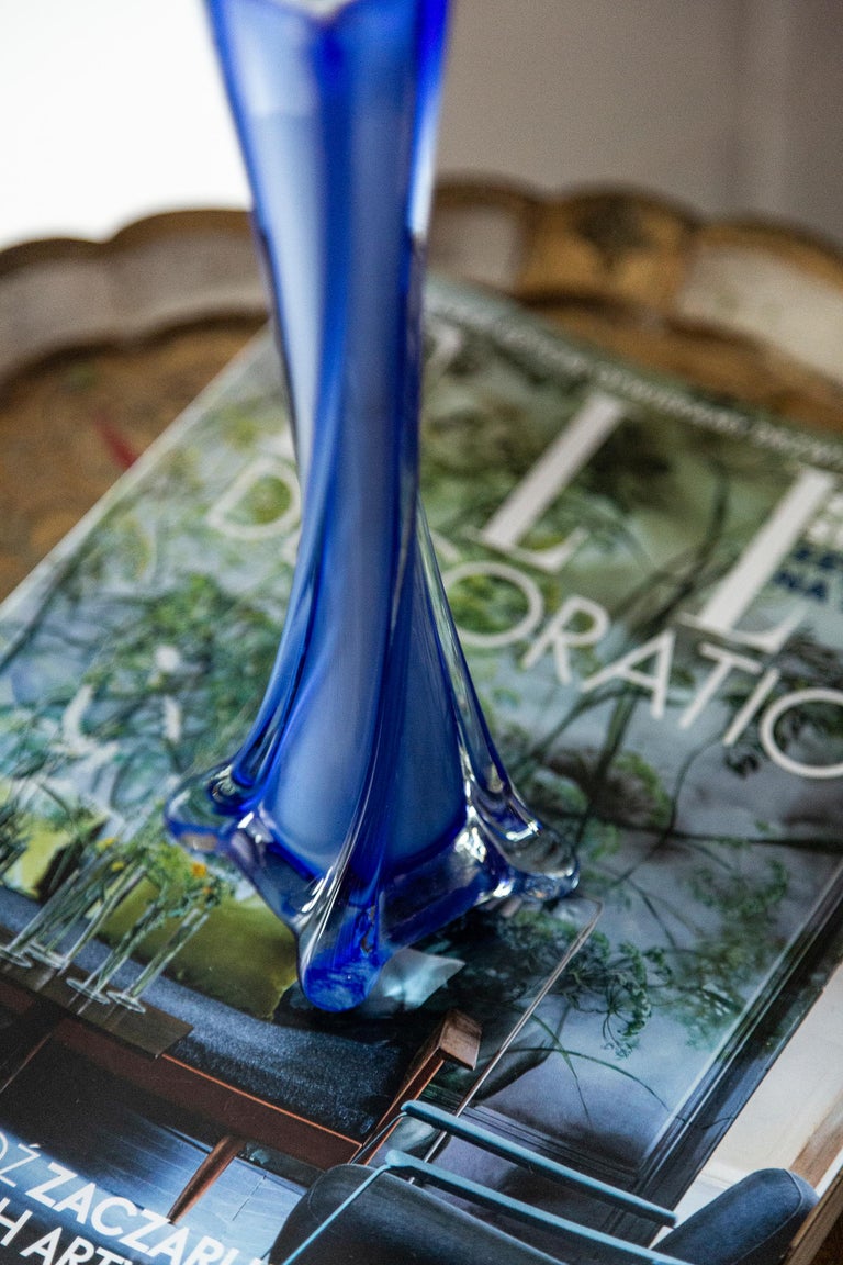Midcentury Vintage Slim Blue Decorative Glass Vase, Europe, 1960s For ...