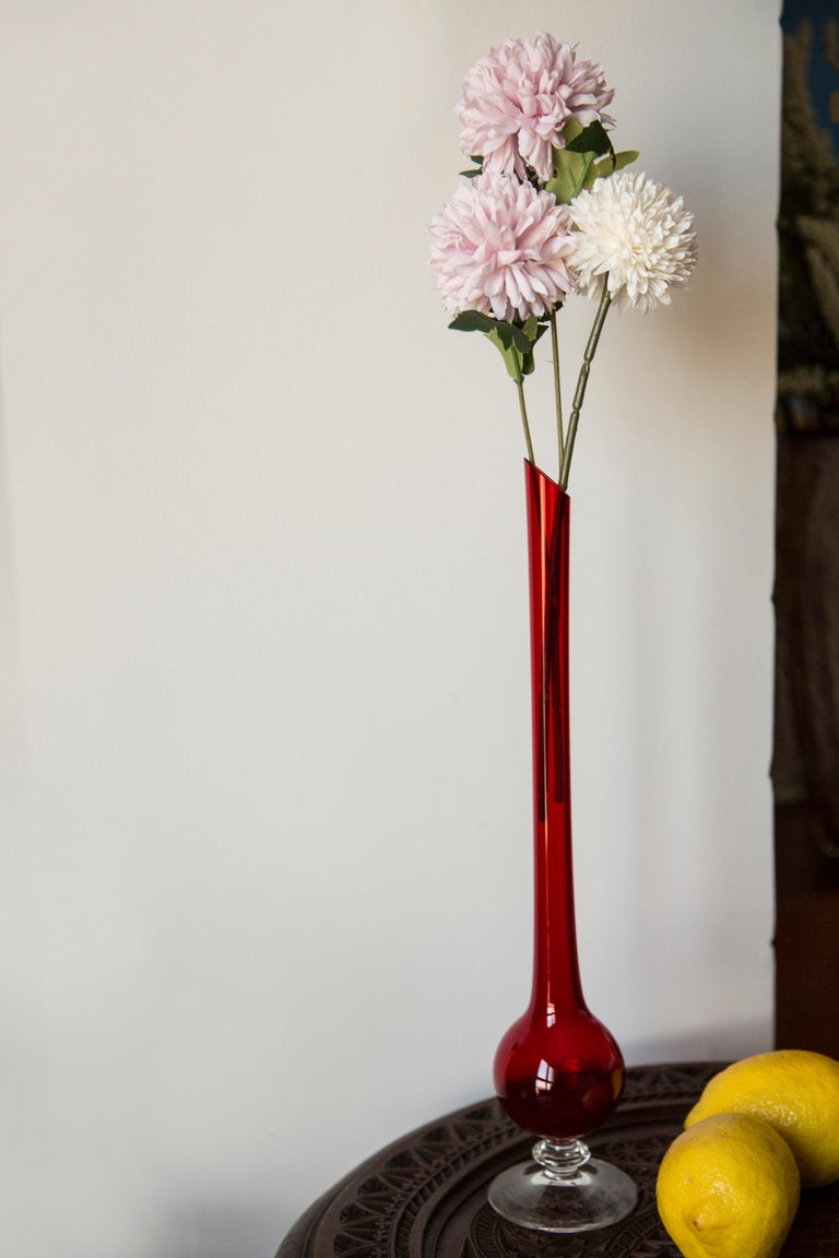 Midcentury Vintage Slim Red Decorative Glass Vase, Europe, 1960s For ...