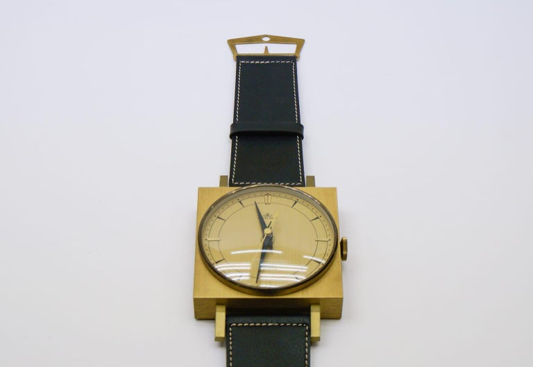 Midcentury Wall Clock in the Form of a Wristwatch in Leather and Brass ...
