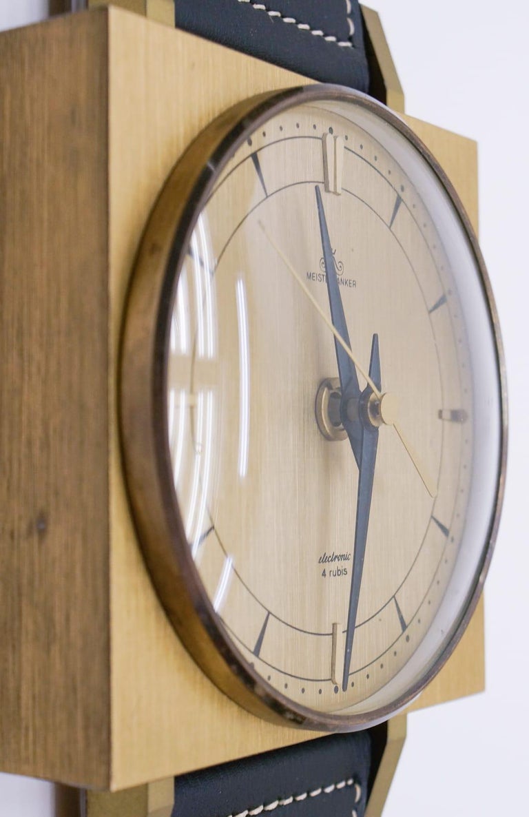 Midcentury Wall Clock in the Form of a Wristwatch in Leather and Brass ...