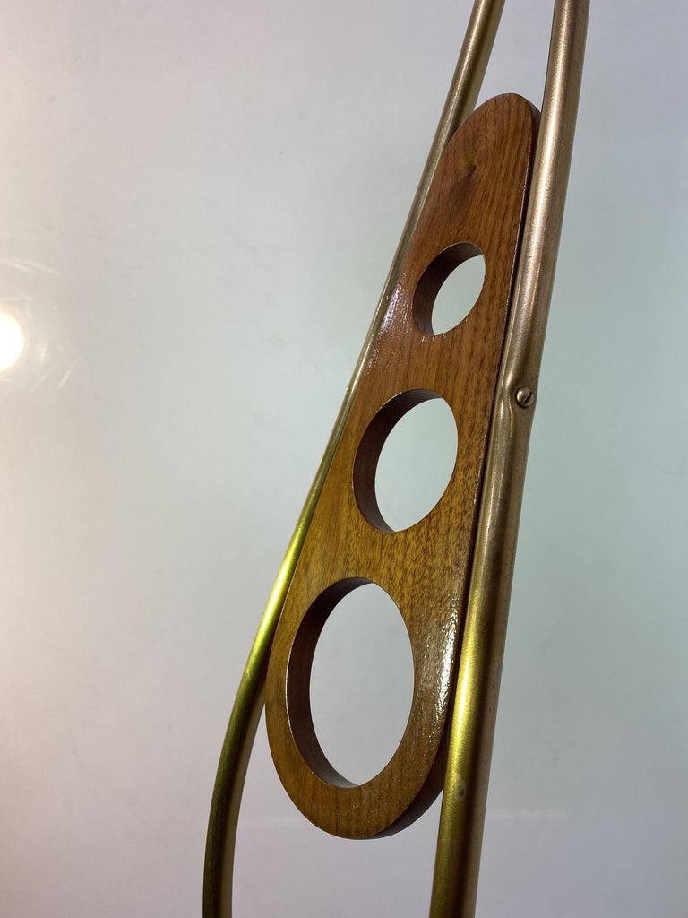 Mid Century Walnut And Brass Floor Lamp With Whipstitch Fiberglass Lamp