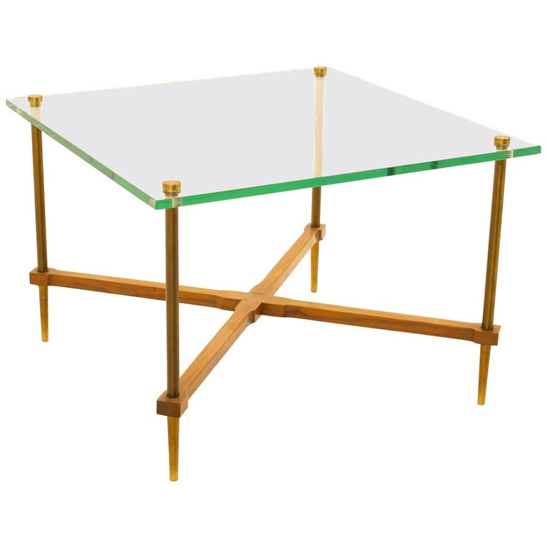 Mid Century Walnut and Brass X-Base Table with Glass Top For Sale at ...