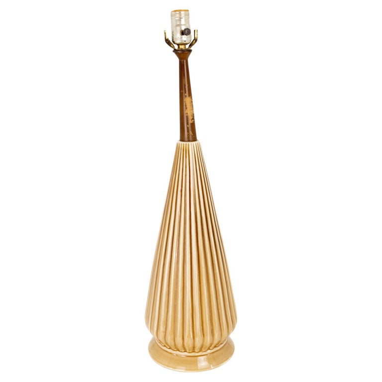 Mid Century Walnut and Ceramic Pottery Cone Table Lamp For Sale at 1stDibs