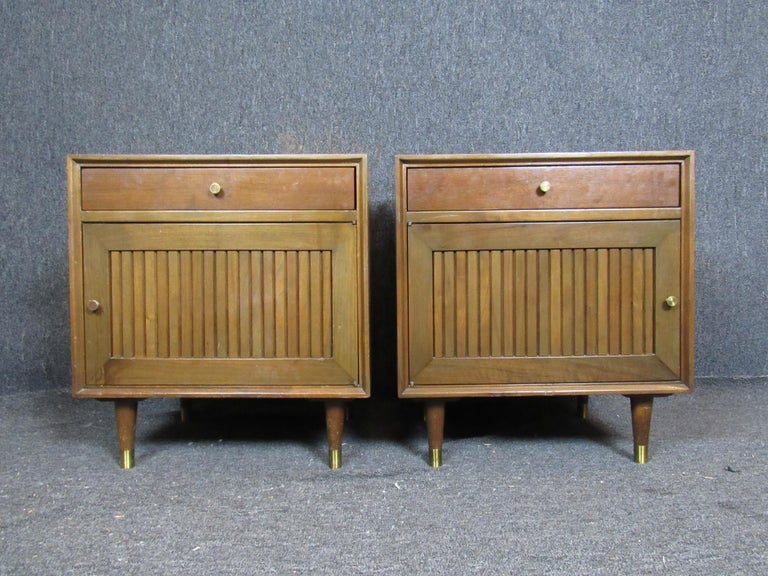 Mid-Century Walnut and Brass Nightstands by Furnette For Sale at 1stDibs