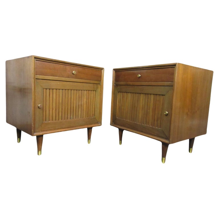 Mid-Century Walnut and Brass Nightstands by Furnette For Sale at 1stDibs