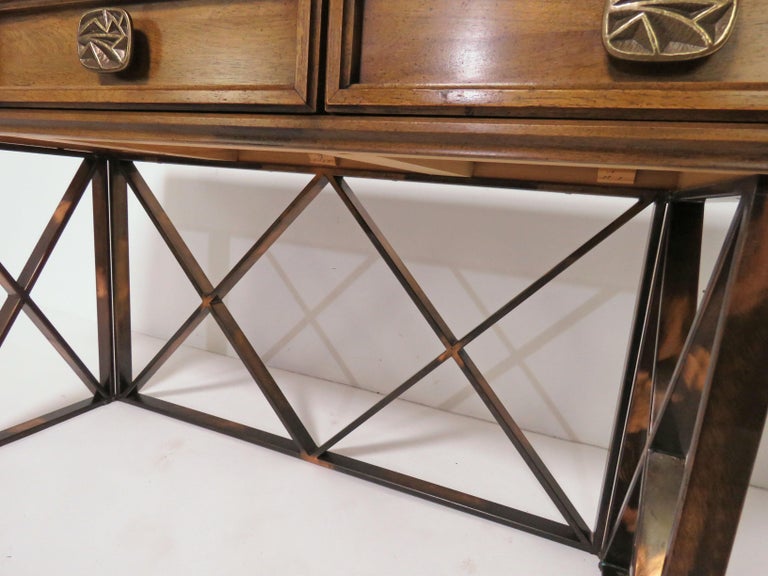 Midcentury Walnut Console or Writing Table with X-Form Bronzed Base ...